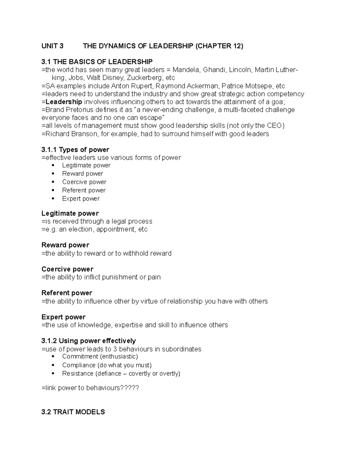 UNIT 3 (leading) - Mr adams - UNIT 3 THE DYNAMICS OF LEADERSHIP ...