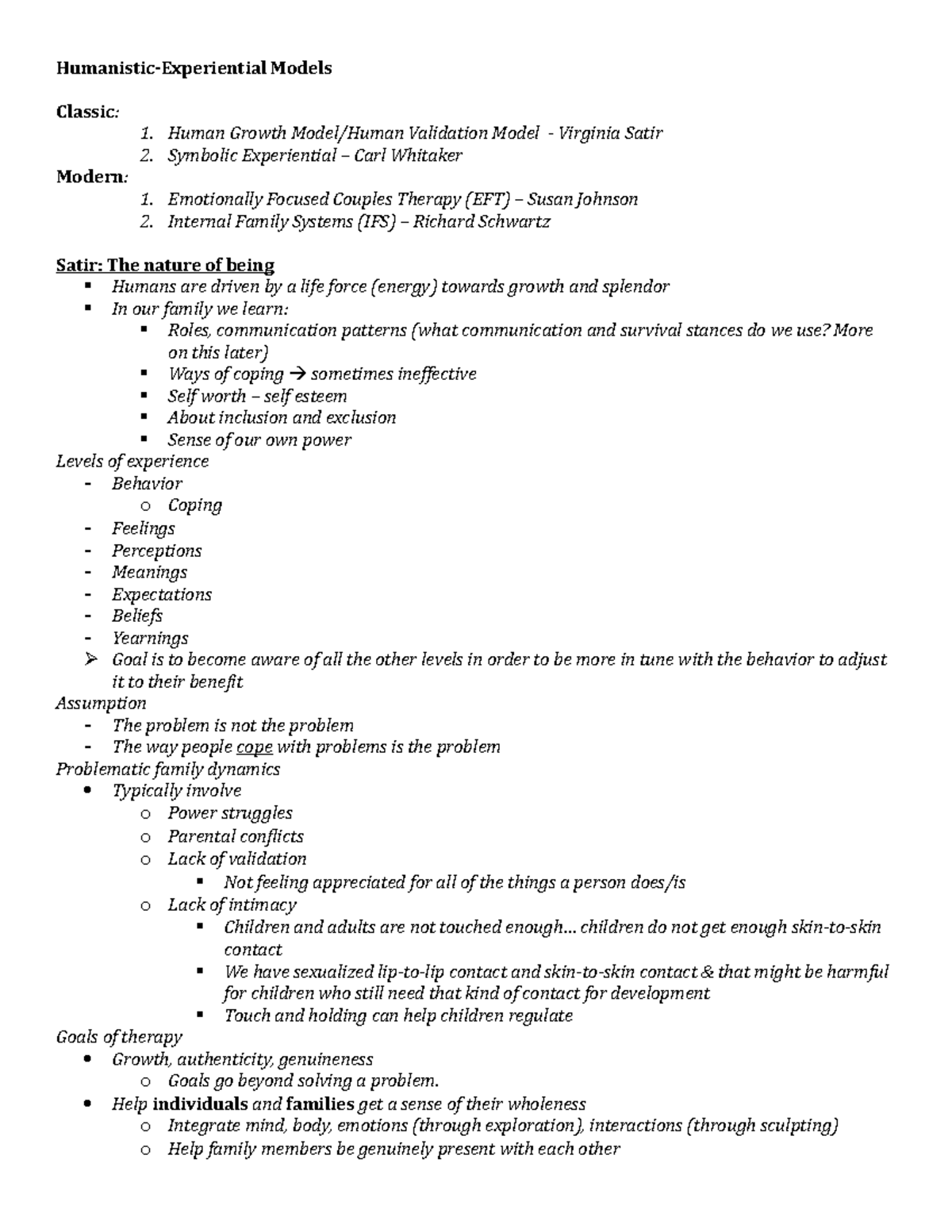 Humanistic Experiential Satir Class Notes - Humanistic-Experiential ...