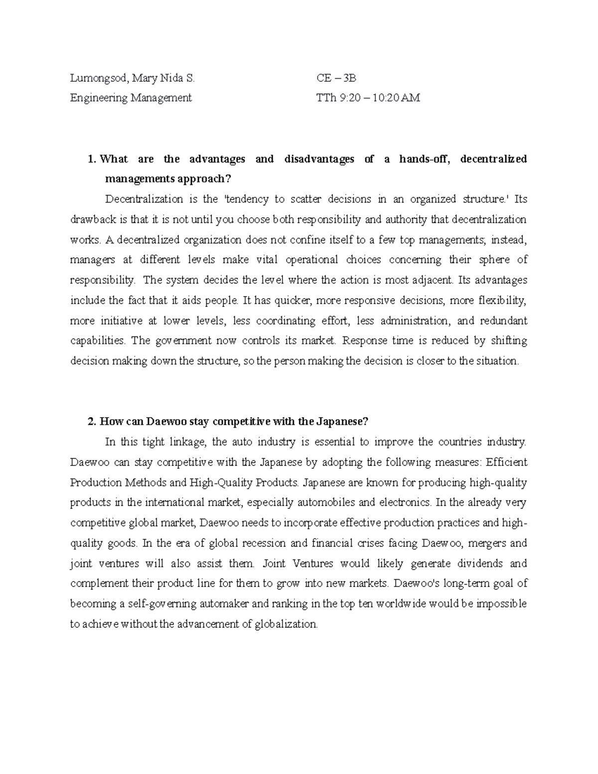 Engineering Management Case 10-11 - Lumongsod, Mary Nida S. CE – 3B ...