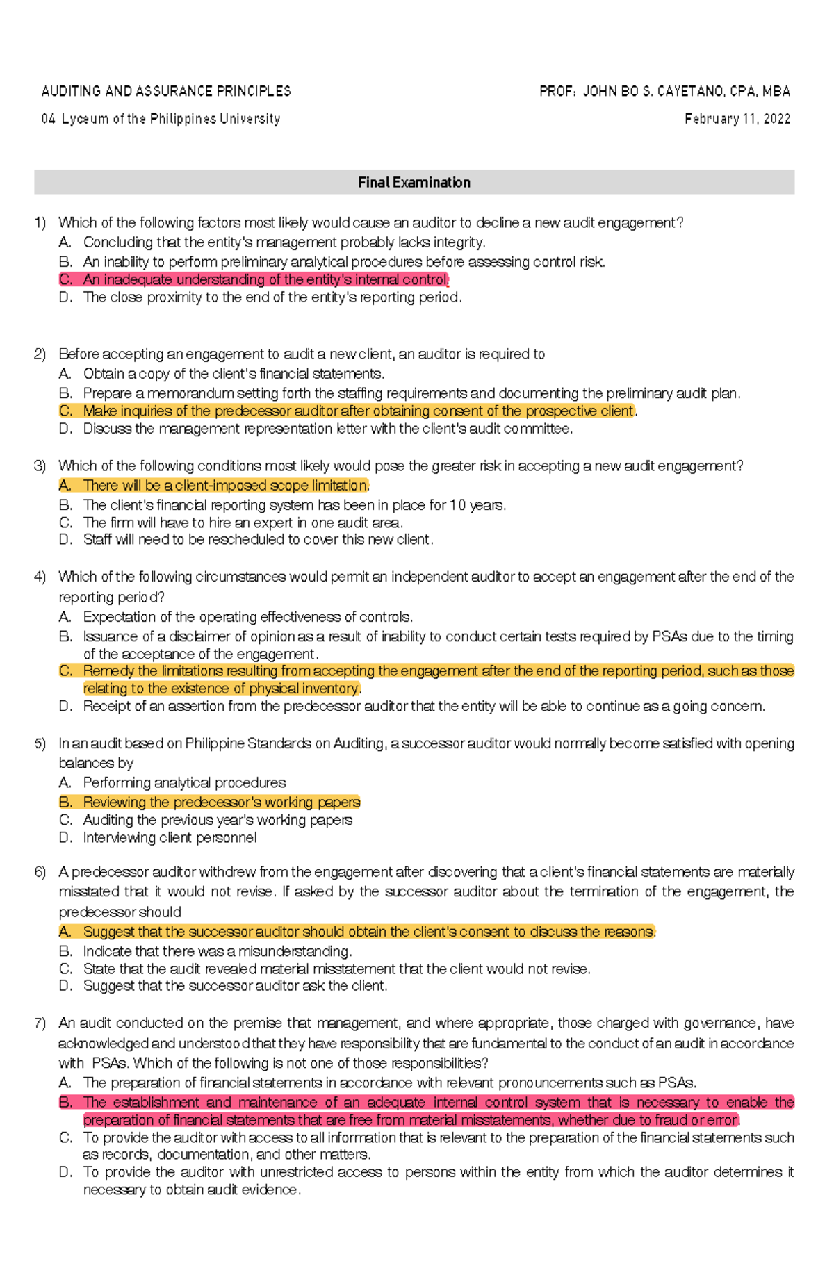 AAP-Final-Exam-LPU - Practice set - AUDITING AND ASSURANCE PRINCIPLES ...