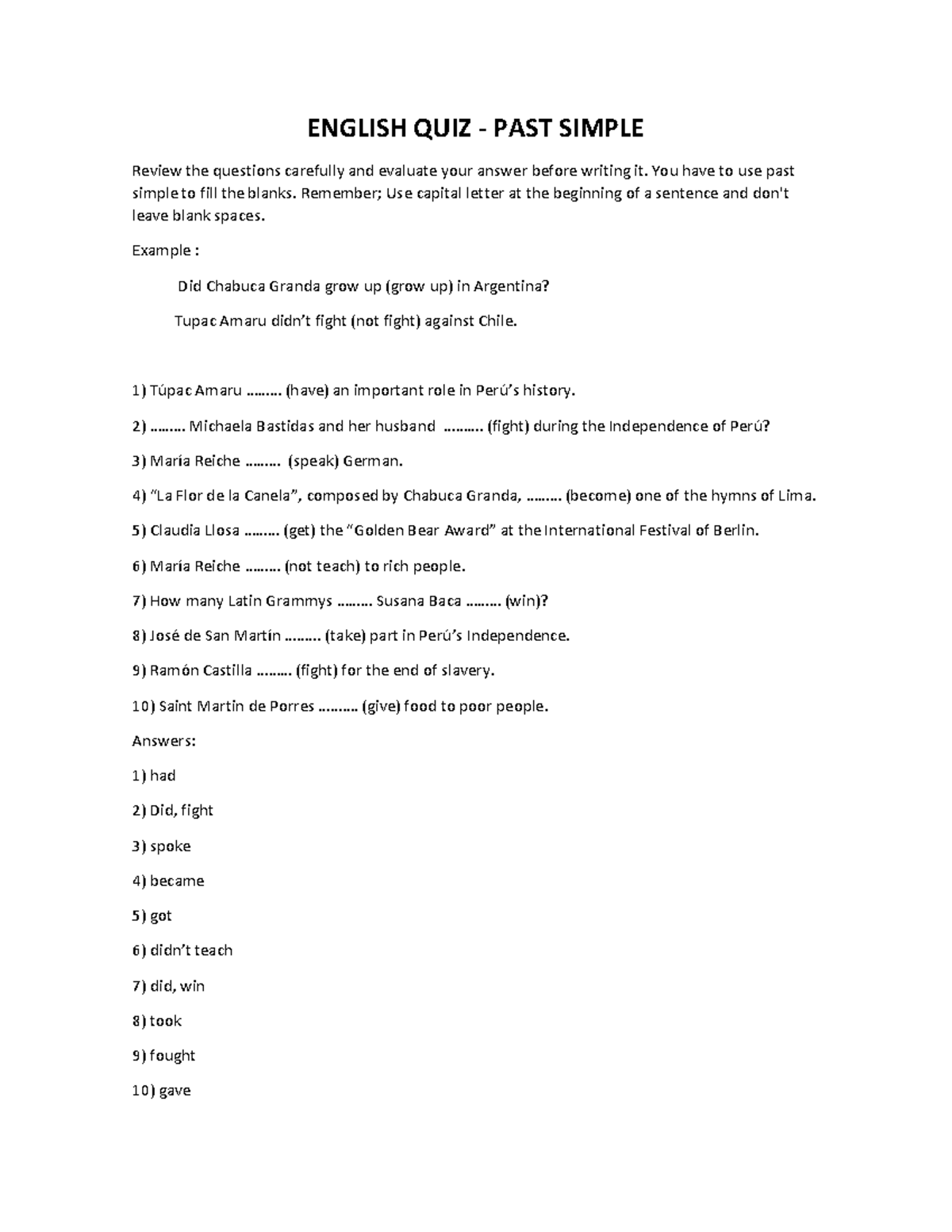 English QUIZ - PAST Simple - ENGLISH QUIZ - PAST SIMPLE Review the ...