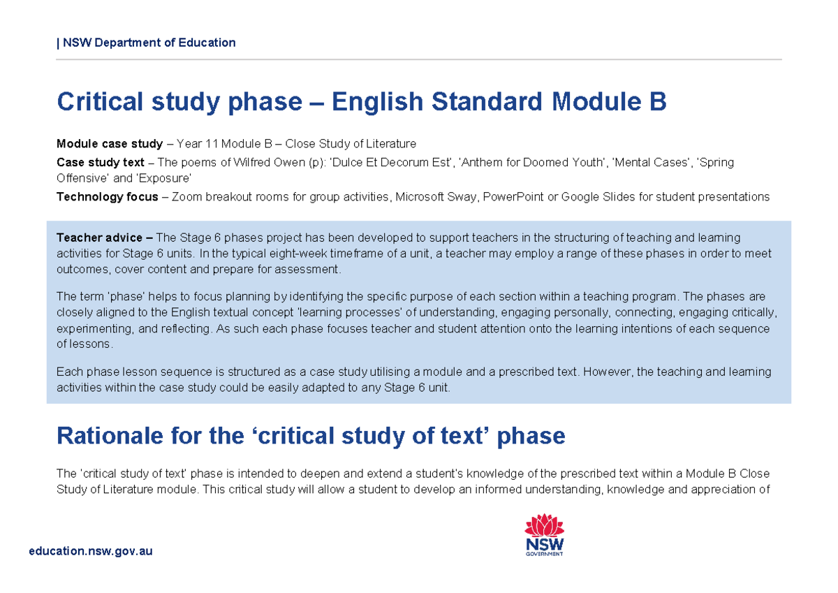 Yr 11 english standard critical phase modb owen s6 - | NSW Department of Education Critical ...