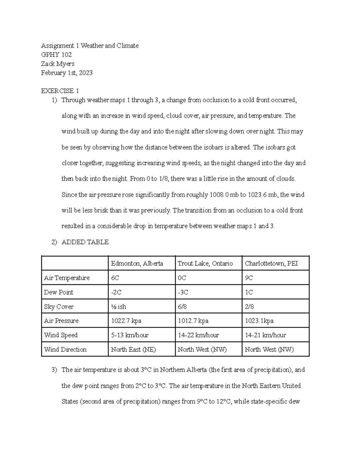 GPHY102 Assignment 1 - Assignment 1 Weather and Climate GPHY 102 Zack ...