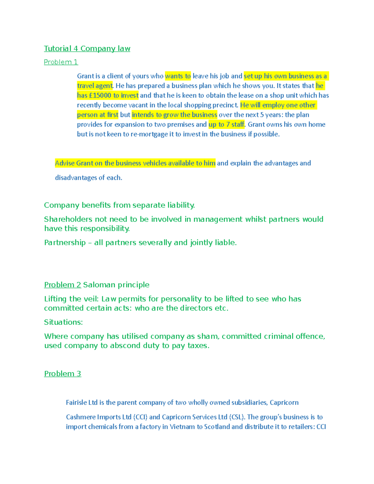 1st company law tutorial notes - Tutorial 4 Company law Problem 1 Grant ...