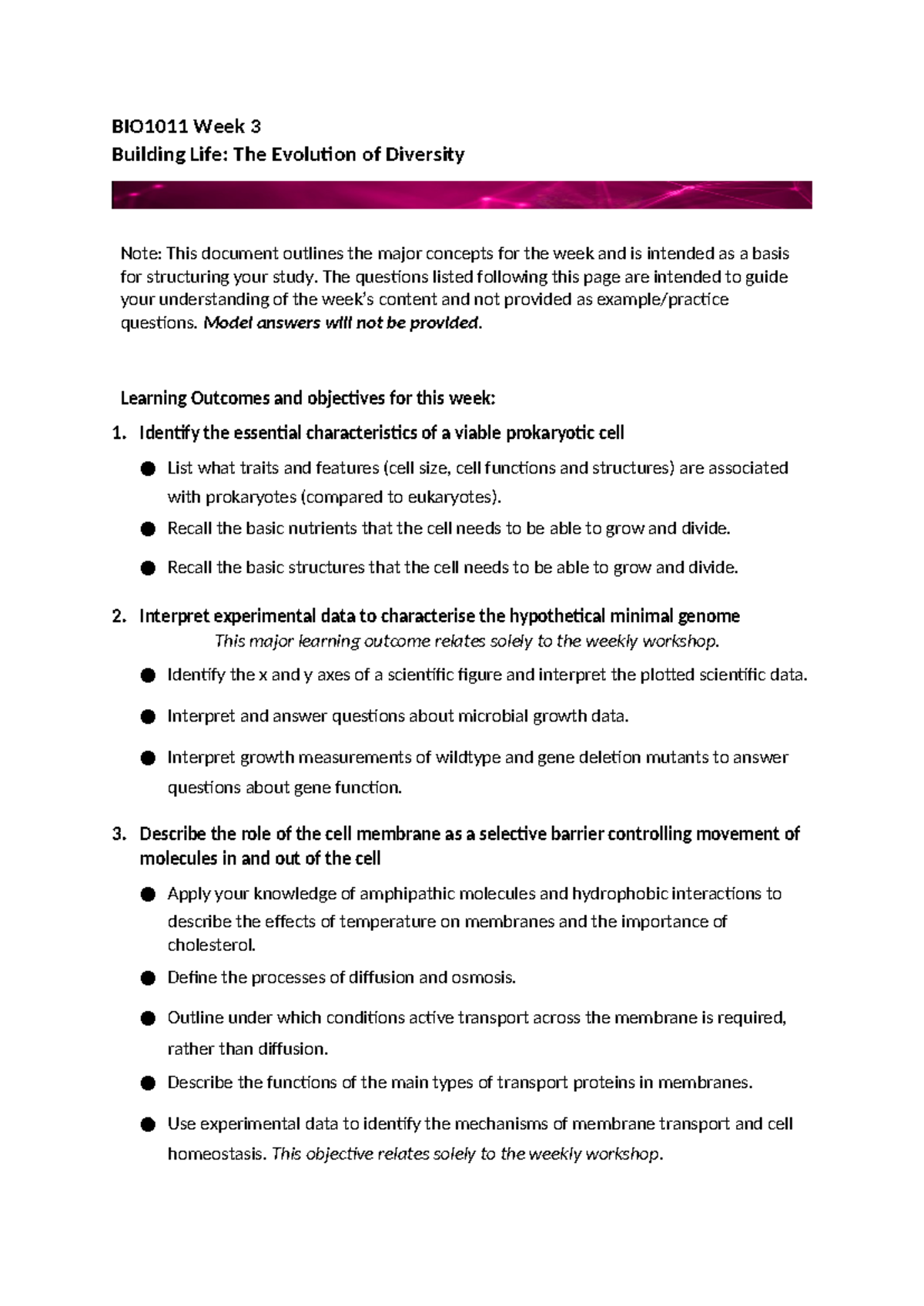 Week 3 Study Guide - BIO1011 Week 3 Building Life: The Evolution of Diversity Note: This ...