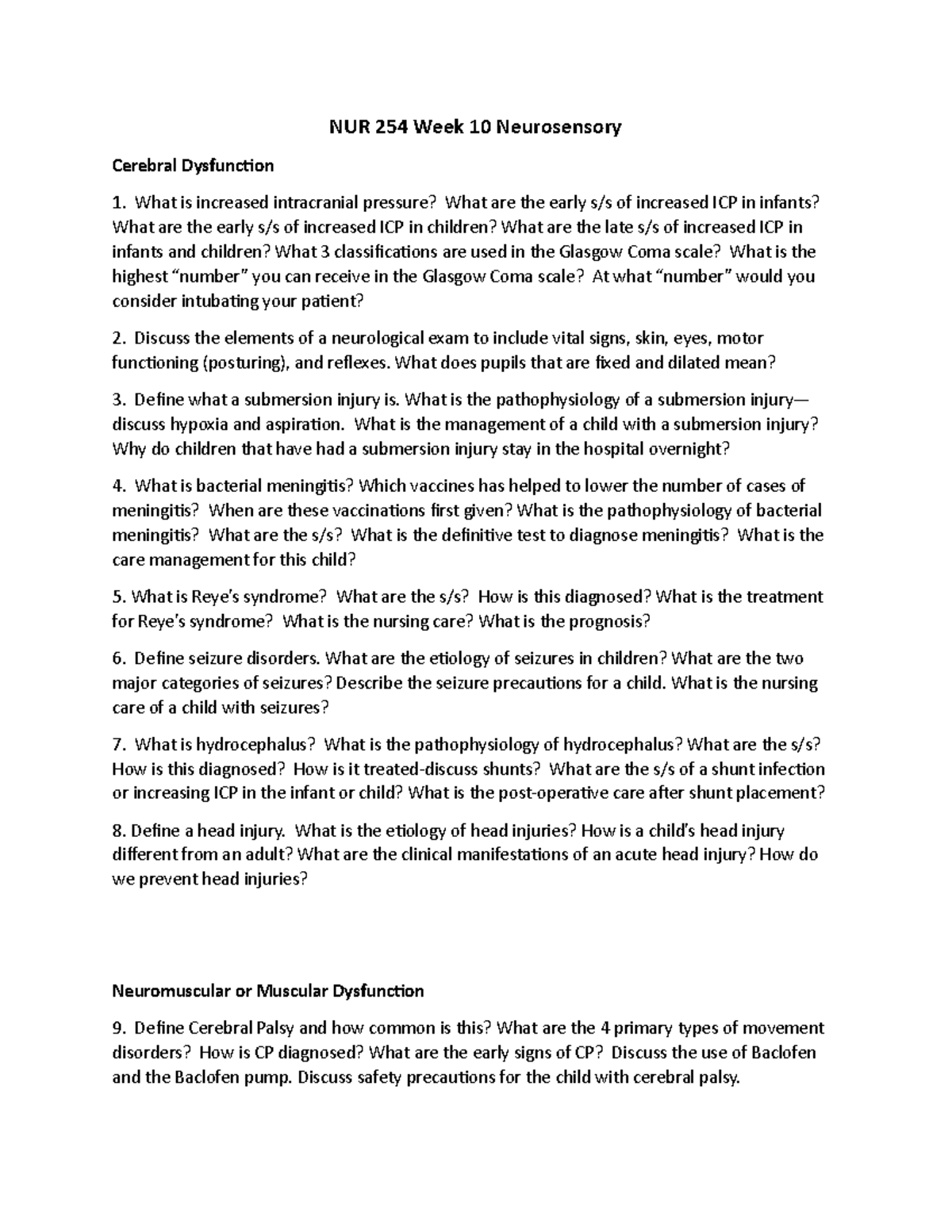 NUR 254 Unit 10 Online Question Neurosensory 2021 - NUR 254 Week 10 ...