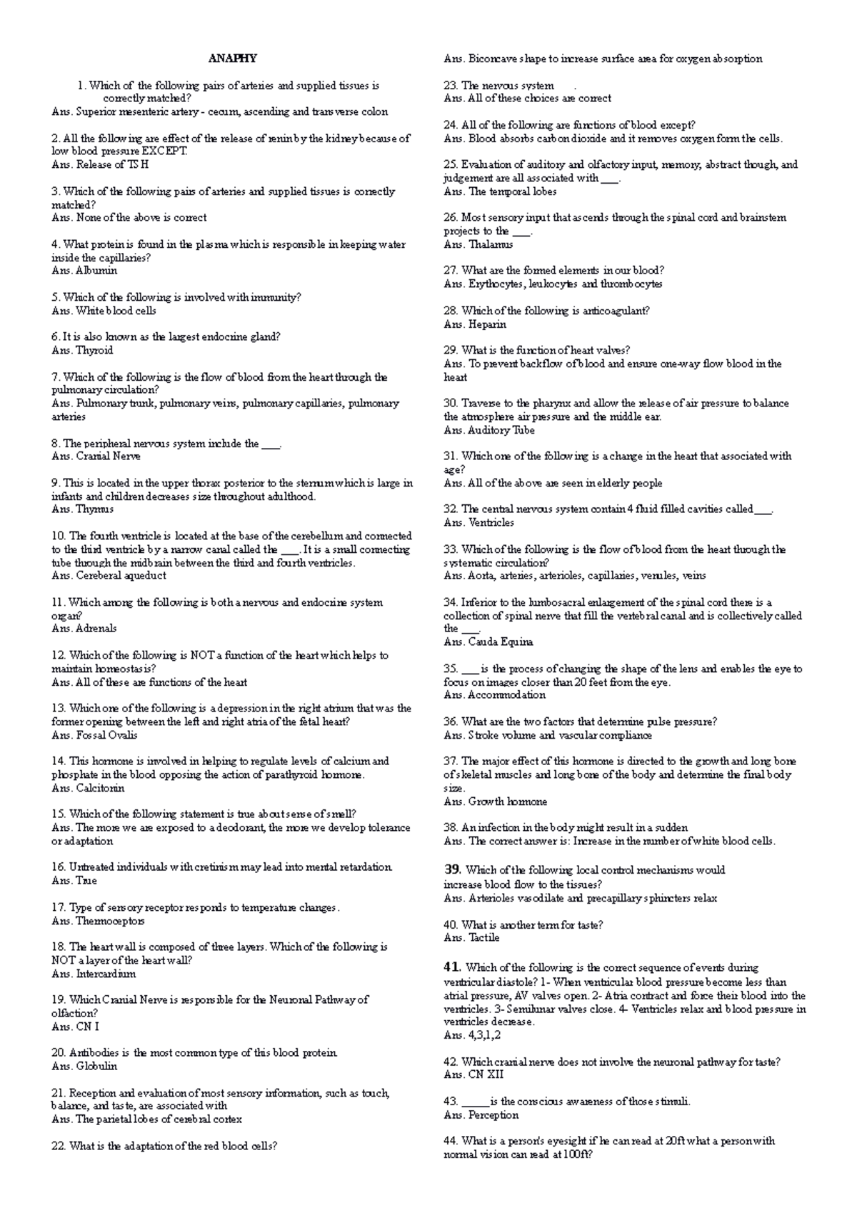 2nd Term Anaphy Reviewer - ANAPHY 1. Which of the following pairs of ...