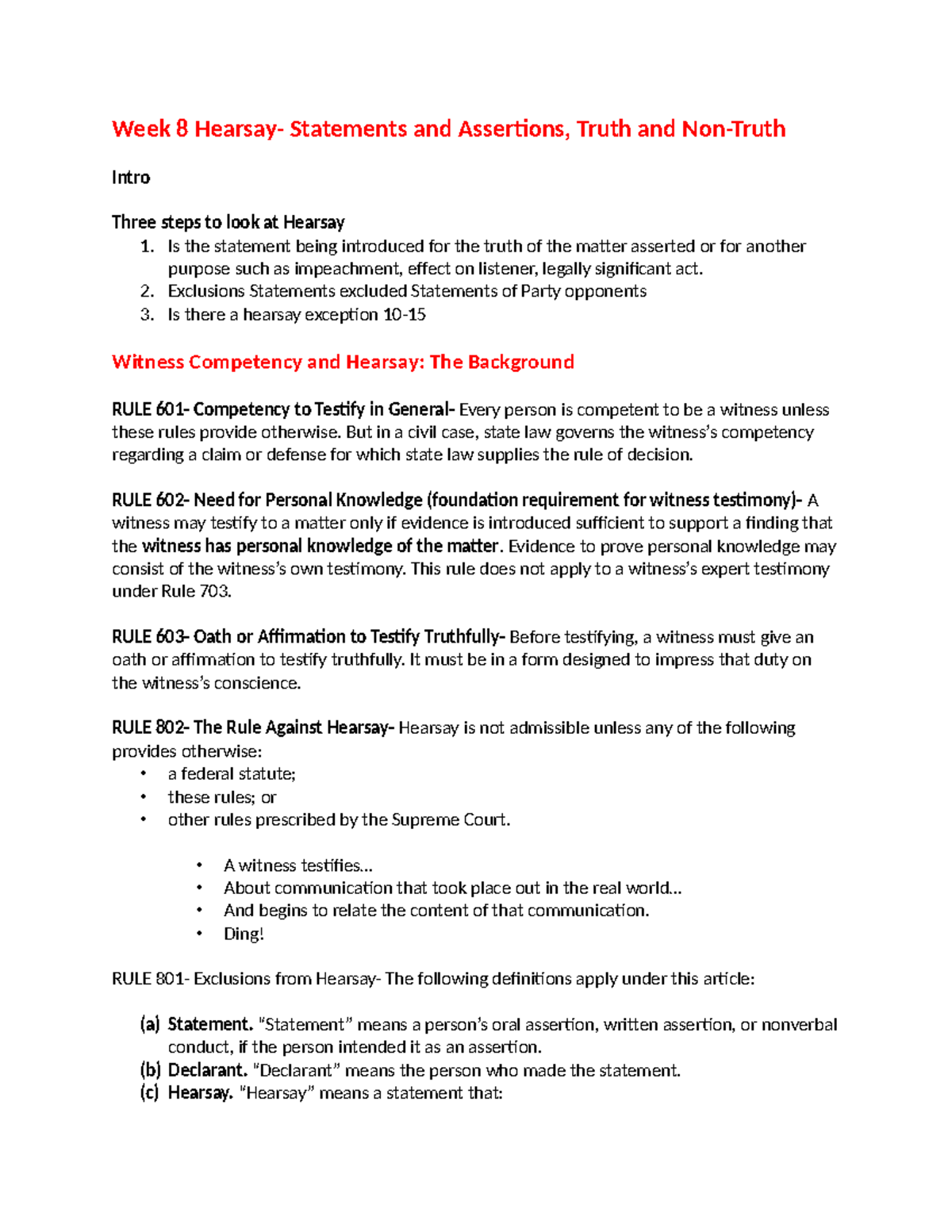 Hearsay Notes - Week 8 Hearsay- Statements and Assertions, Truth and ...