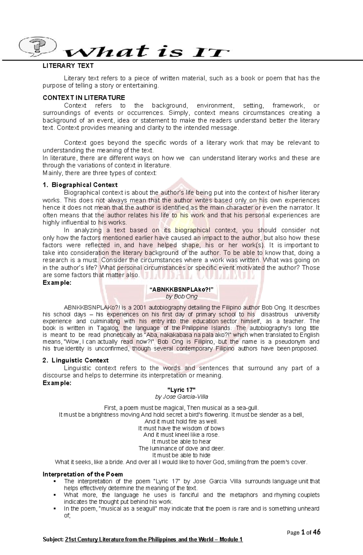 21st Century Literature Module 4 - LITERARY TEXT Literary text refers ...