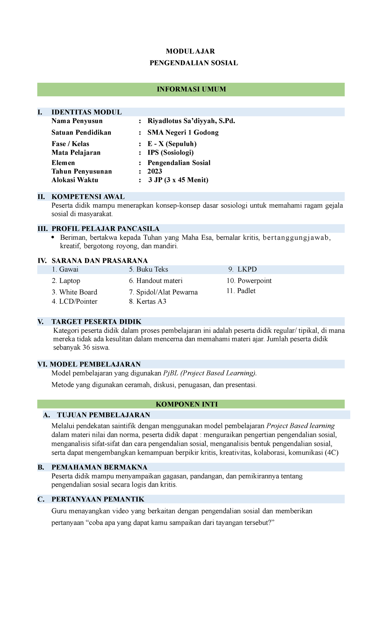 Modul ajar PJBL - MODEL PEMBELAJARAN - MODUL AJAR PENGENDALIAN SOSIAL ...