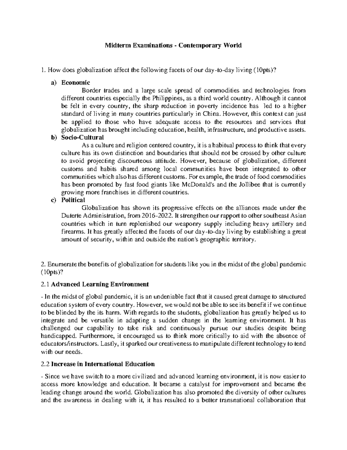 (Contemporary World) The Aspects of Globalization - Midterm ...