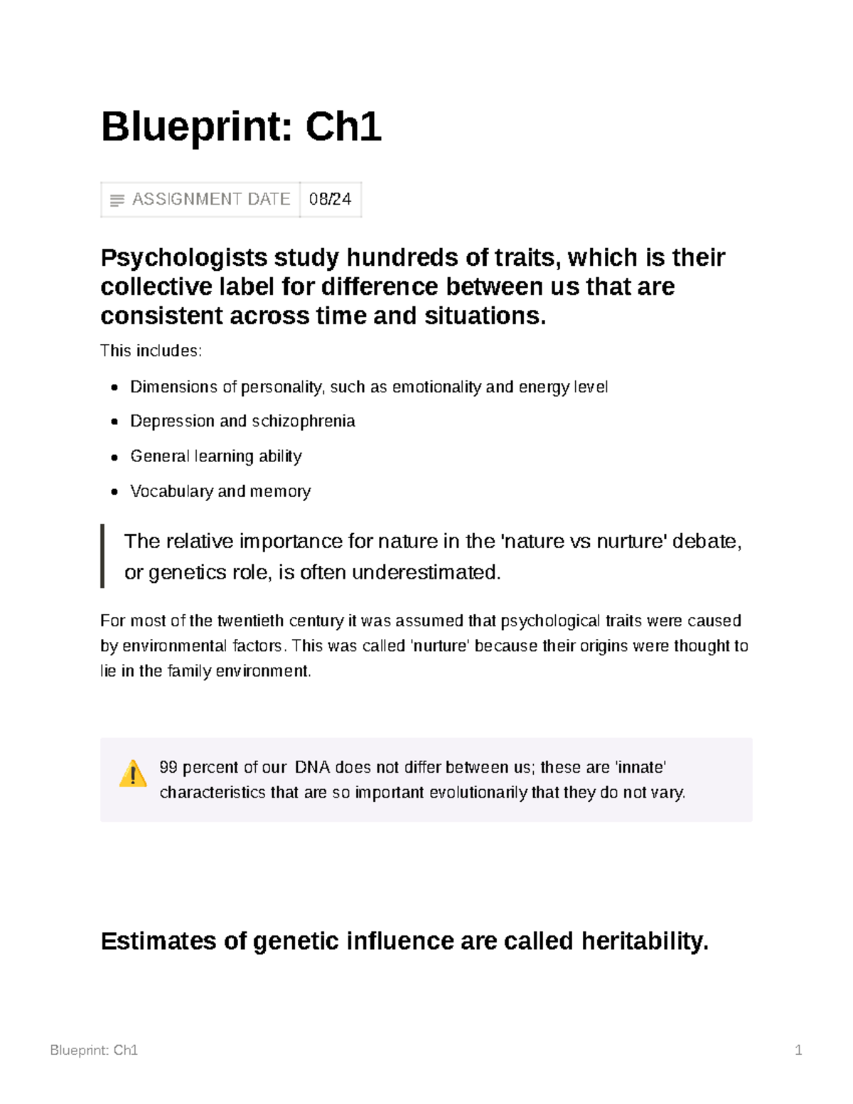 Blueprint Ch1 - This includes: Dimensions of personality, such as ...