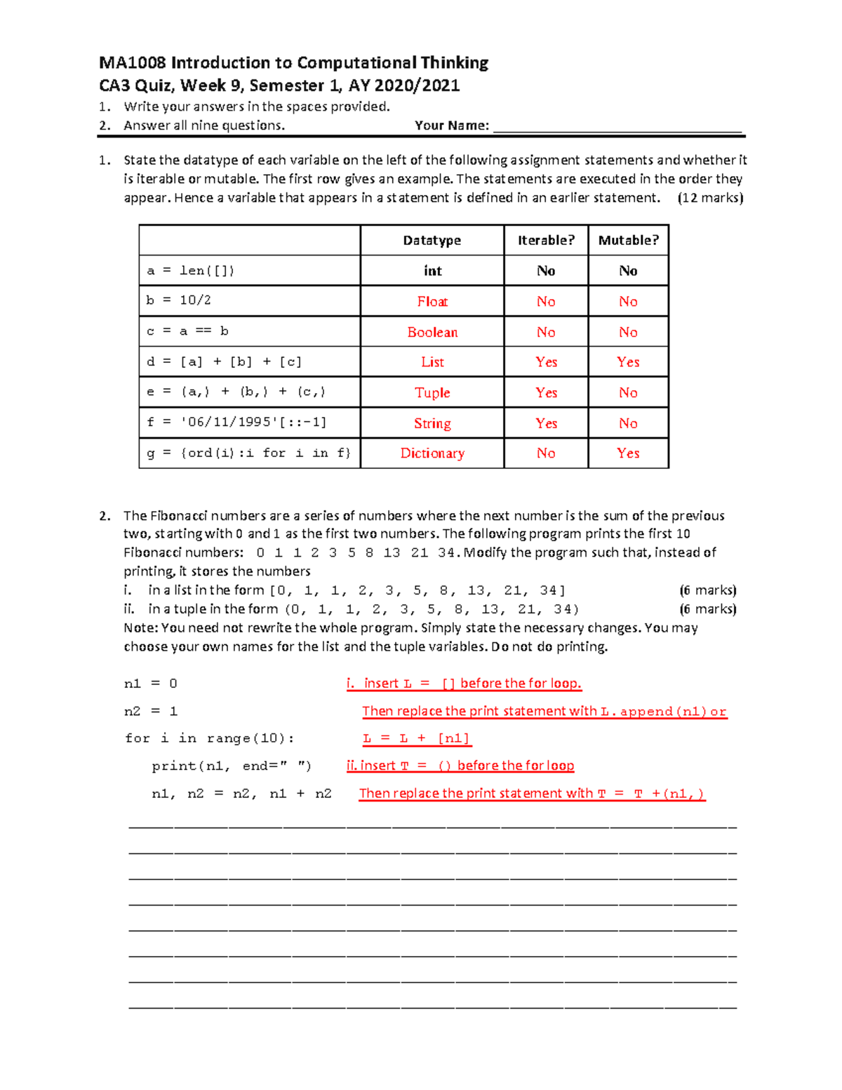 Ca3 ay2021 - Past Year Paper - MA1008 Introduction to Computational Thinking CA3 Quiz, Week 9 ...