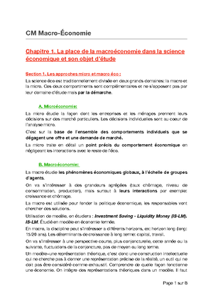 Cours macro - Macro économie Chapitre 1: La place de la macroéconomie dans la science économique ...