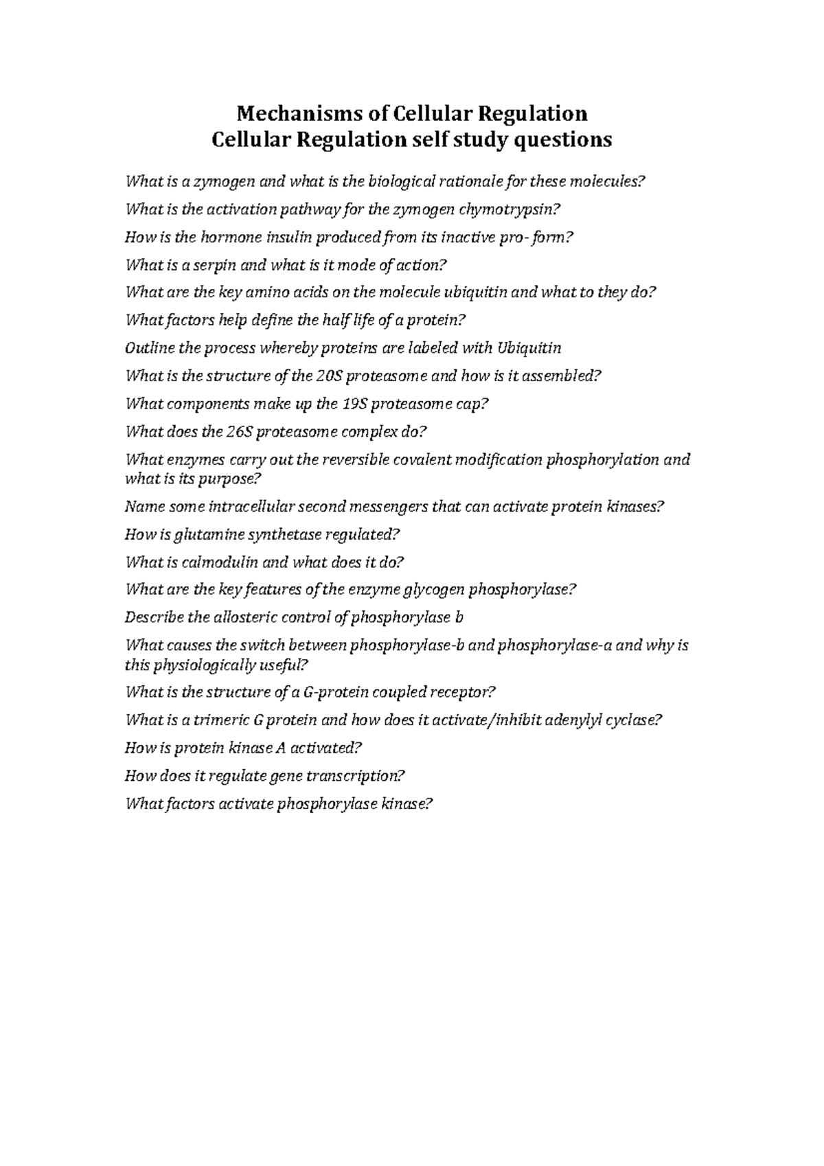 MCR self study questions - Mechanisms of Cellular Regulation Cellular ...