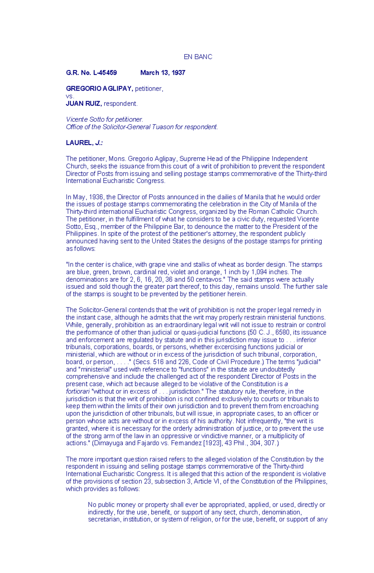 No funds for religious purpose - EN BANC G. No. L-45459 March 13, 1937 ...