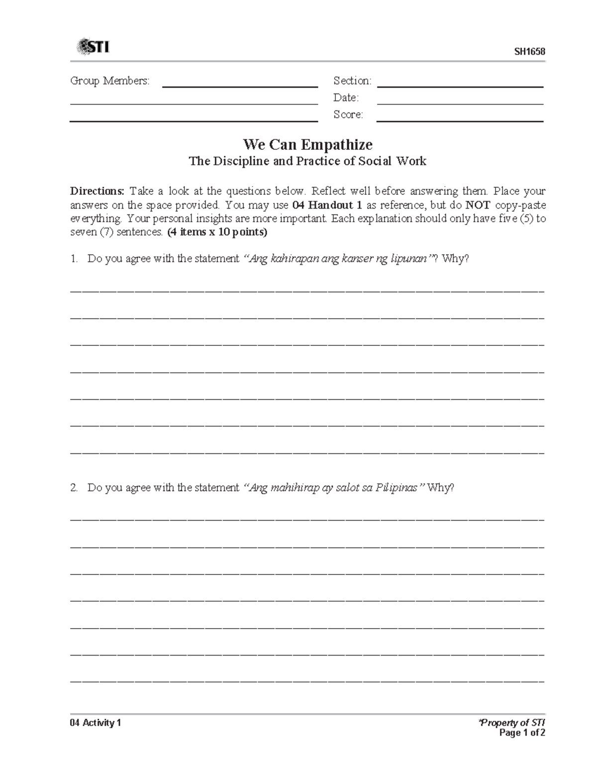 SH1658 -Disciplines and Ideas in the Applied SS04 Activity 1 - SH 04 ...