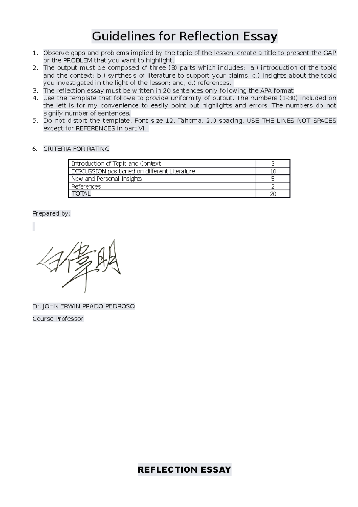 Reflection-Essay - Garfield - Guidelines for Reflection Essay 1 ...