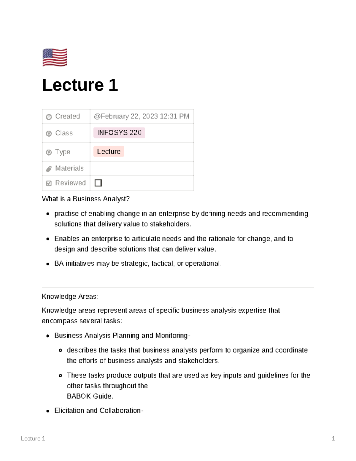 Infosys 220 Lecture 1 Week 1 Notes Î Lecture 1 Created Class Infosys 220 Type Lecture