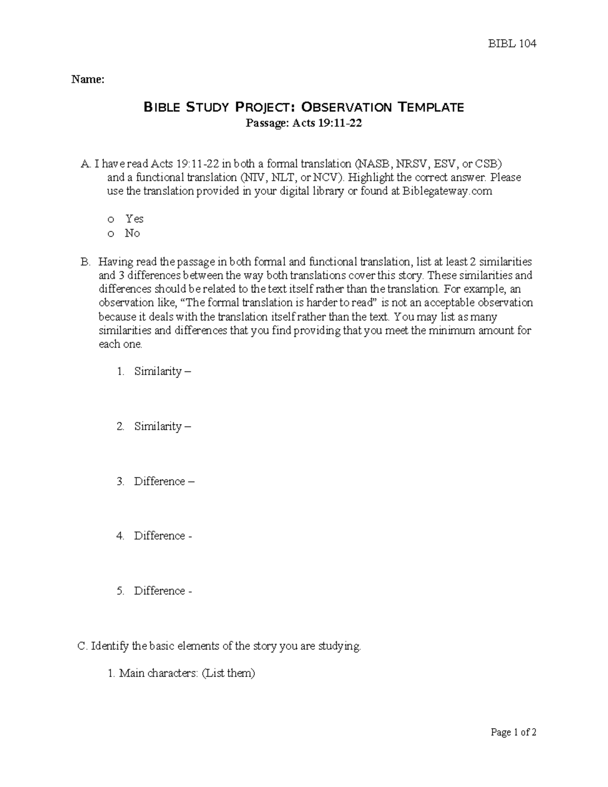 Bible Study Project Observation Template - BIBL 104 Name: BIBLE STUDY ...