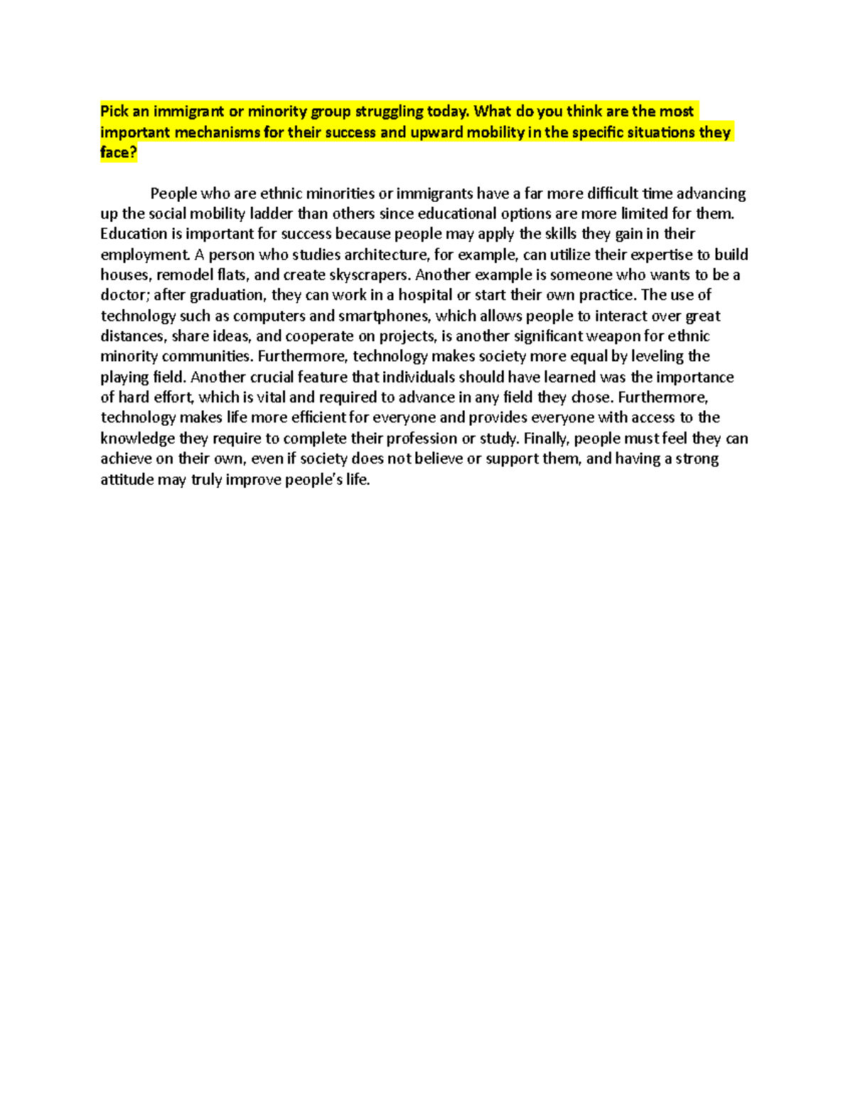Module 4- Discussion Board Question 4-4 - Pick an immigrant or minority ...