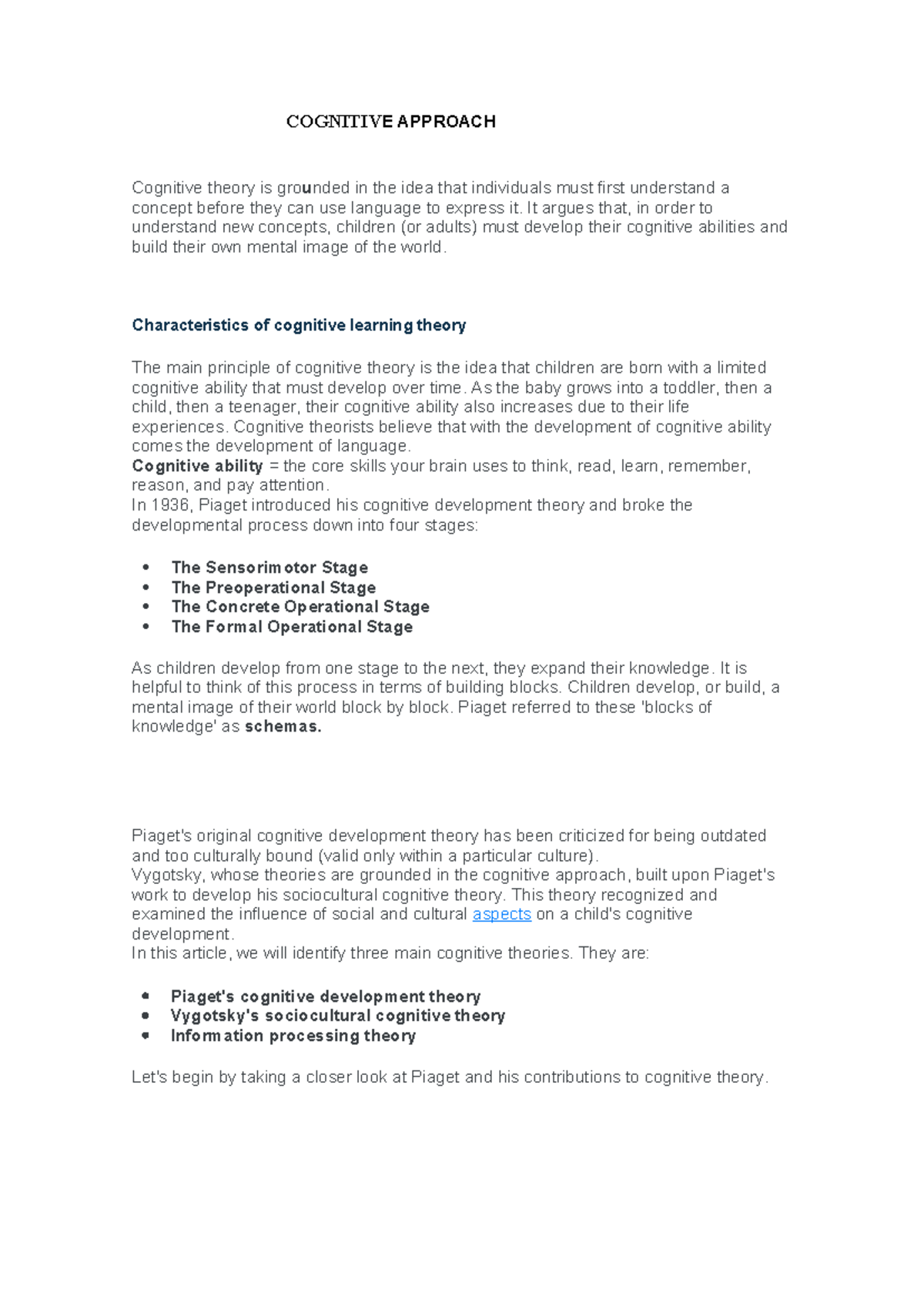 Cognitive Approach - No es mío - COGNITIVE APPROACH Cognitive theory is ...