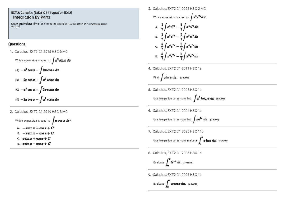 X2 Integration by Parts Compilation w/ Solutions - 1. Calculus, EXT2 C1 2015 HSC 6 MC 2 ...