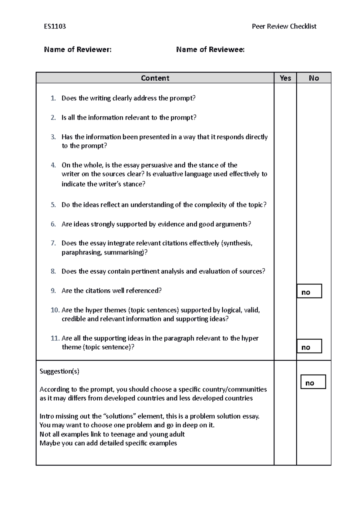 ES1103 Peer Review Checklist - You may want to choose one problem and ...