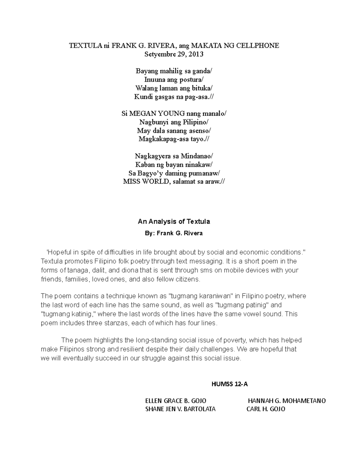 Textula ni Frank G - poem analysis - TEXTULA ni FRANK G. RIVERA, ang MAKATA NG CELLPHONE ...