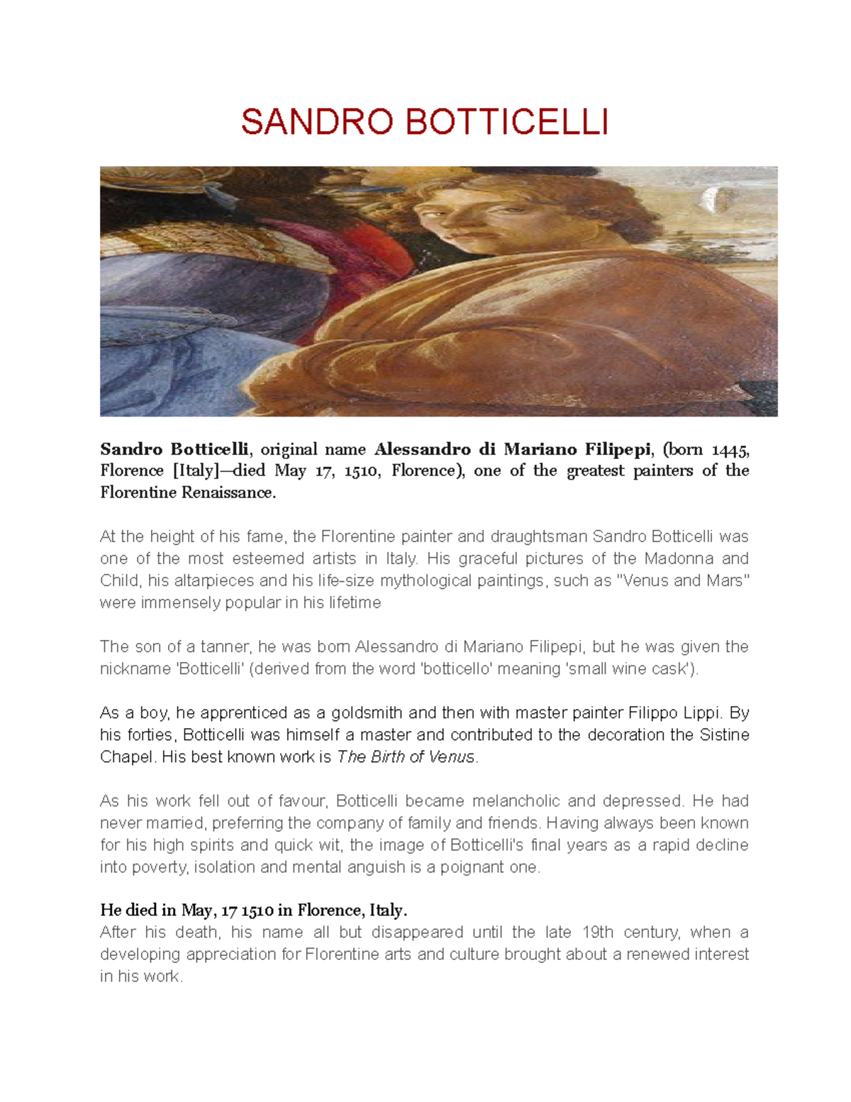 Art101 - art 101 notes for youuuu - SANDRO BOTTICELLI Sandro Botticelli ...