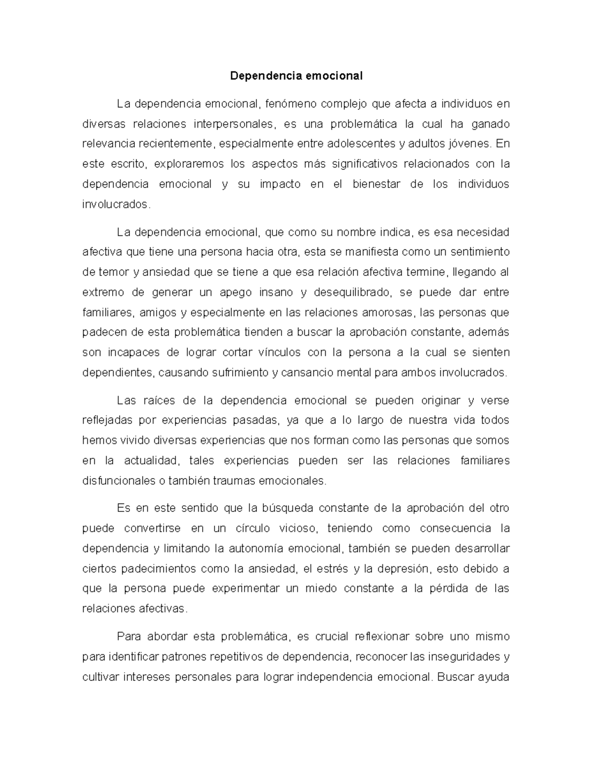Dependencia emocional ensayo - Dependencia emocional La dependencia emocional, fenómeno complejo ...