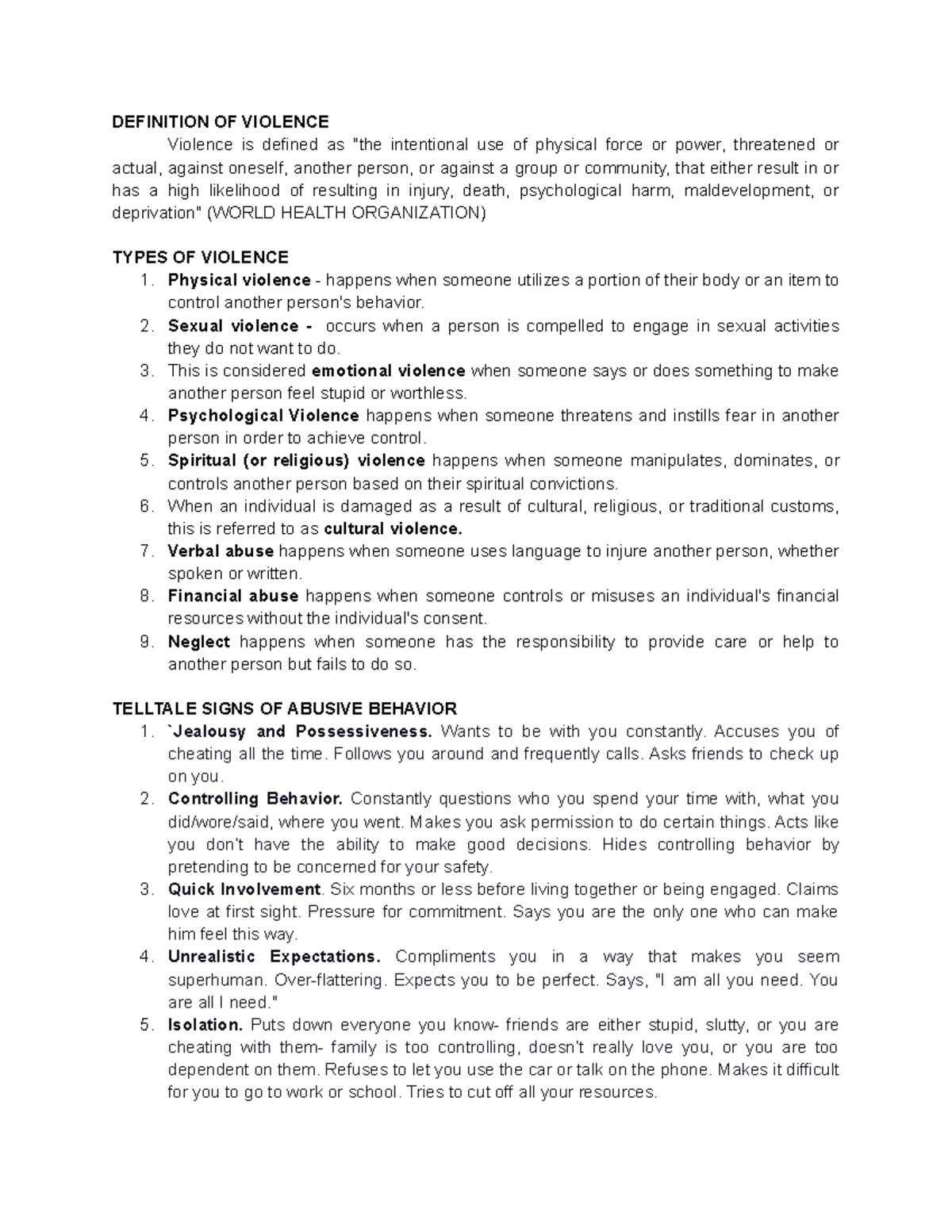 NSTP - Violence - DEFINITION OF VIOLENCE Violence is defined as "the ...