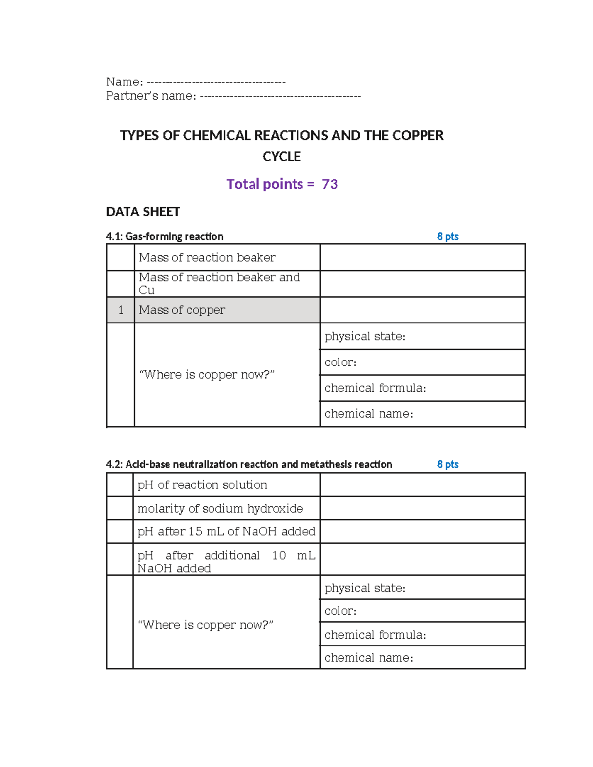 LAB Report Copper Cycle - Name: - Partner’s name: - TYPES OF CHEMICAL ...