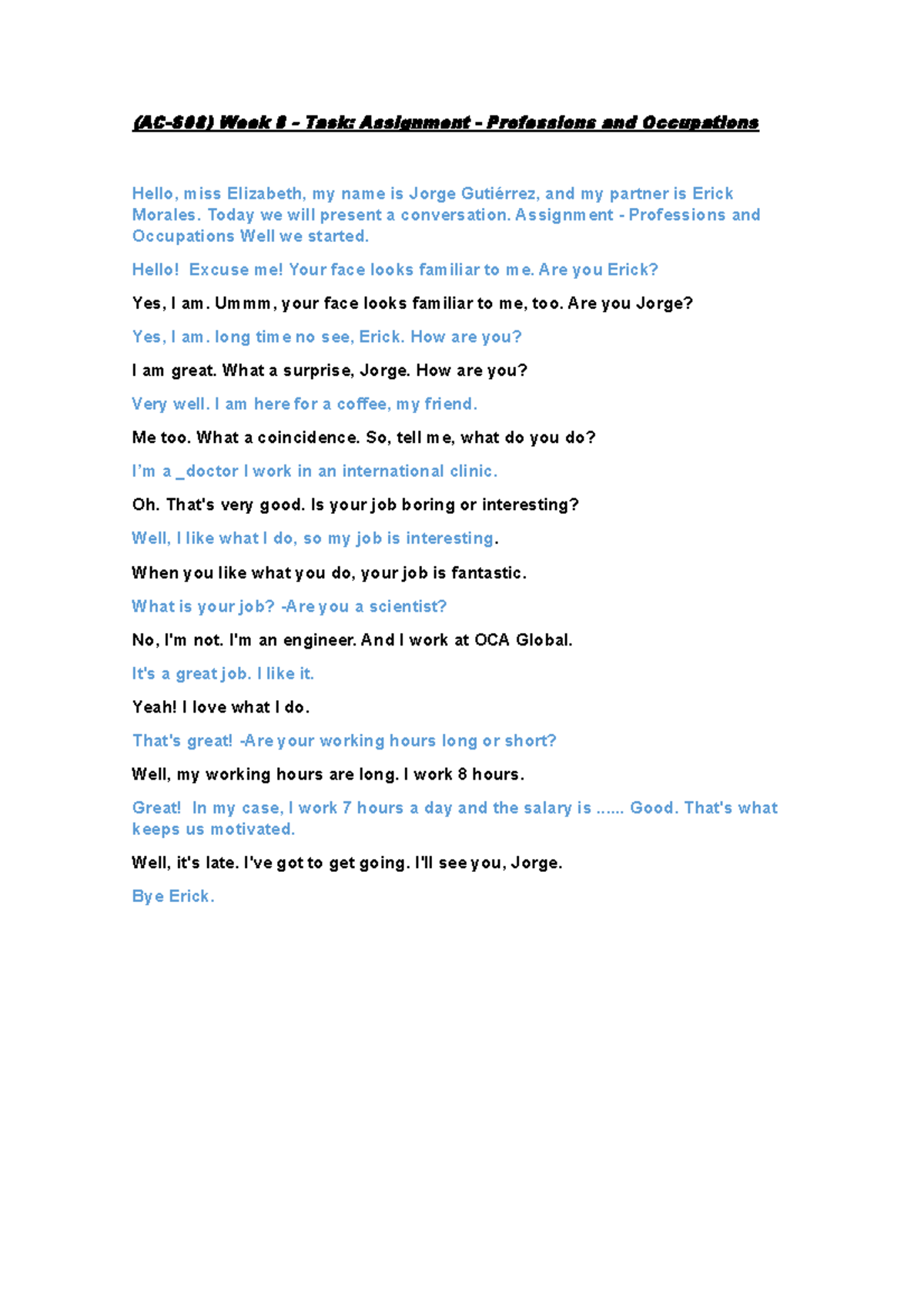 Diálogo semana 8 - Inglés 1 - (AC-S 08 ) Week 8 - Task: Assignment - Professions and Occupations ...