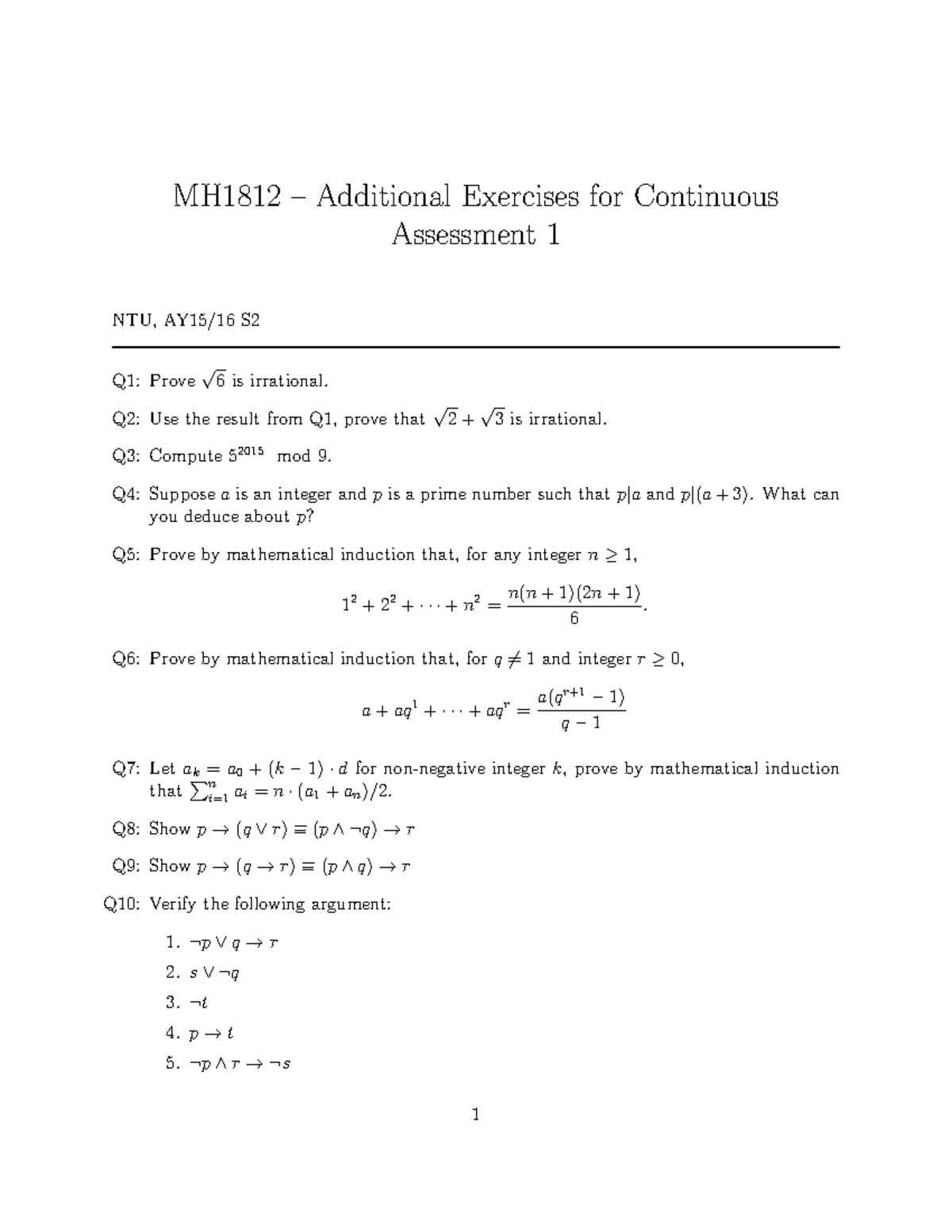 Tutorial-CA1 - Tutorial - MH1812 – Additional Exercises for Continuous Assessment 1 NTU, AY15/16 ...