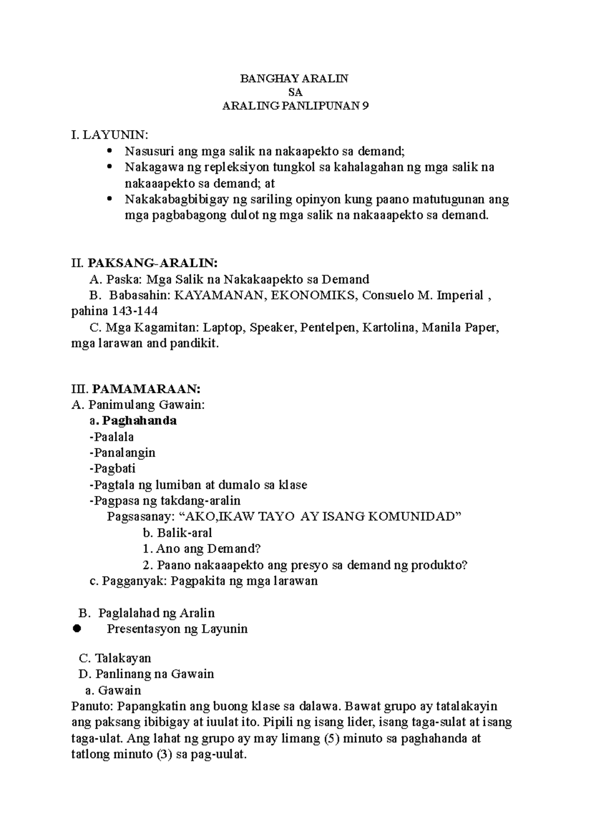 Banghay- Aralin - BANGHAY ARALIN SA ARALING PANLIPUNAN 9 I. LAYUNIN ...