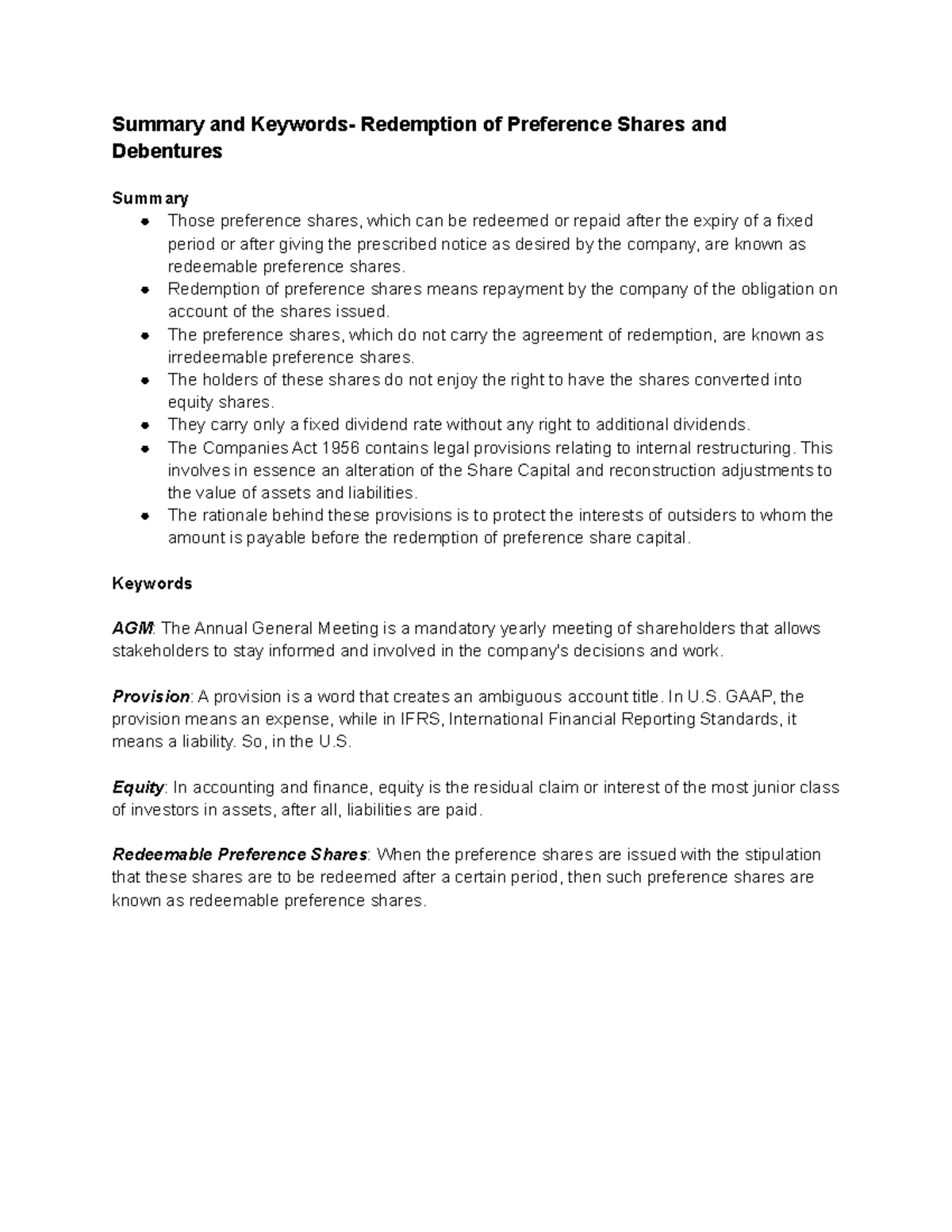 Summary and Keywords- Redemption of Preference Shares and Debentures ...