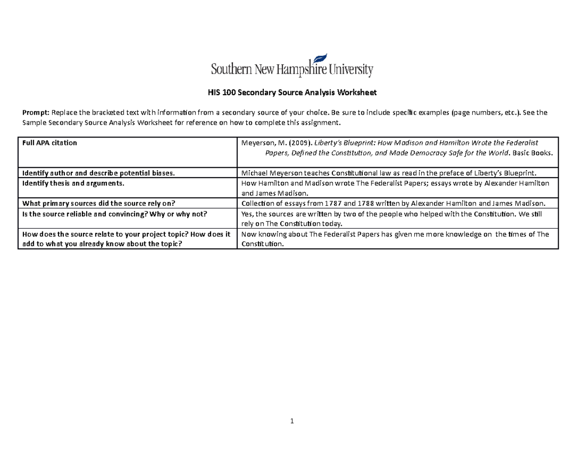 HIS-100 Secondary Source Analysis Worksheet - HIS 100 Secondary Source ...