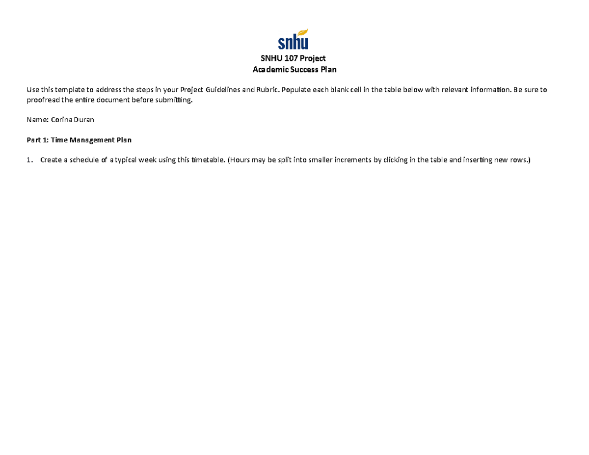 SNHU 107 Final Project - SNHU 107 Project Academic Success Plan Use ...