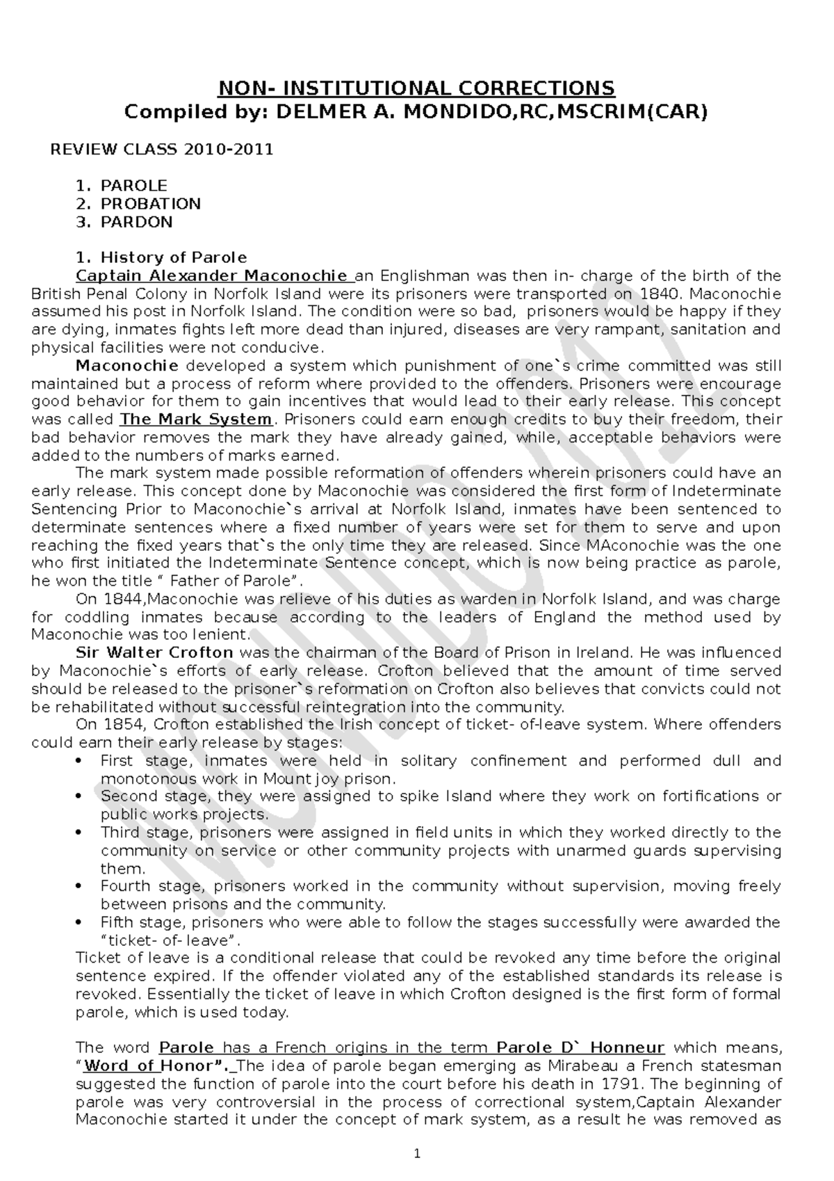 NON-COR - criminal law - NON- INSTITUTIONAL CORRECTIONS Compiled by ...