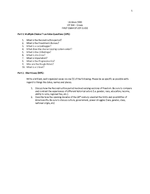 Study Guide - HY 104 Second Exam (1) - 1 Name
