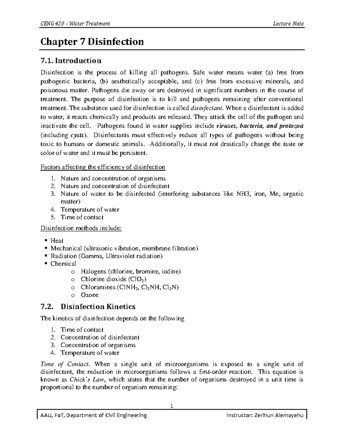 Chapter_7.pdf - Hydro power engineering - 1 Chapter 7 Disinfection 7. Introduction Disinfection ...