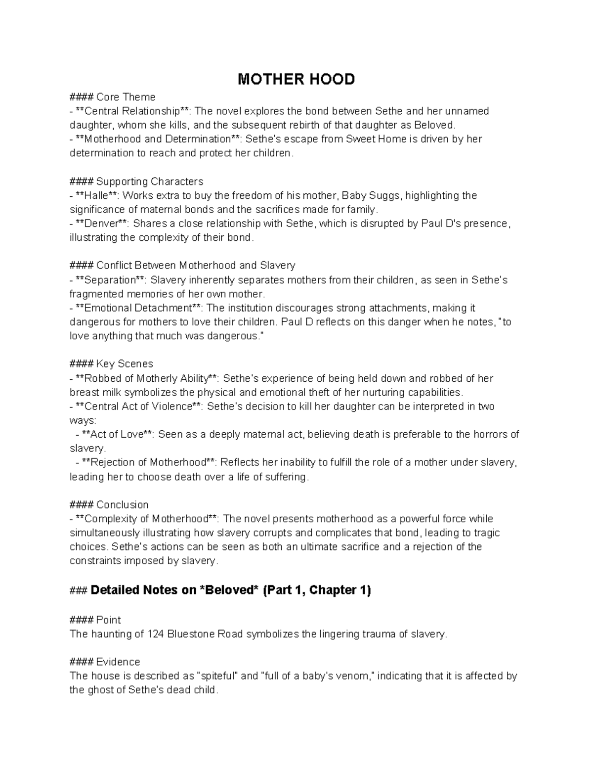 Beloved motherhood - Lit charts summaries - MOTHER HOOD Core Theme ...