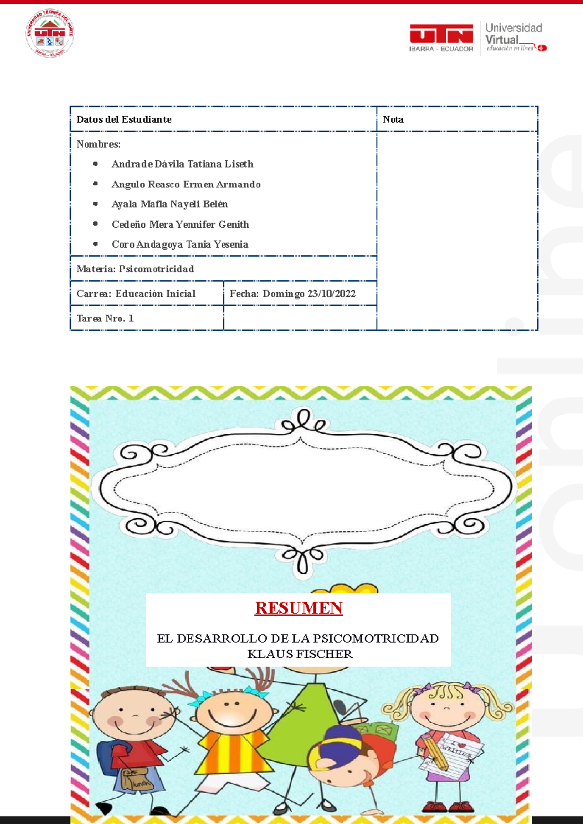 Psicomotricidad - Datos del Estudiante Nota Nombres: Andrade Dávila ...