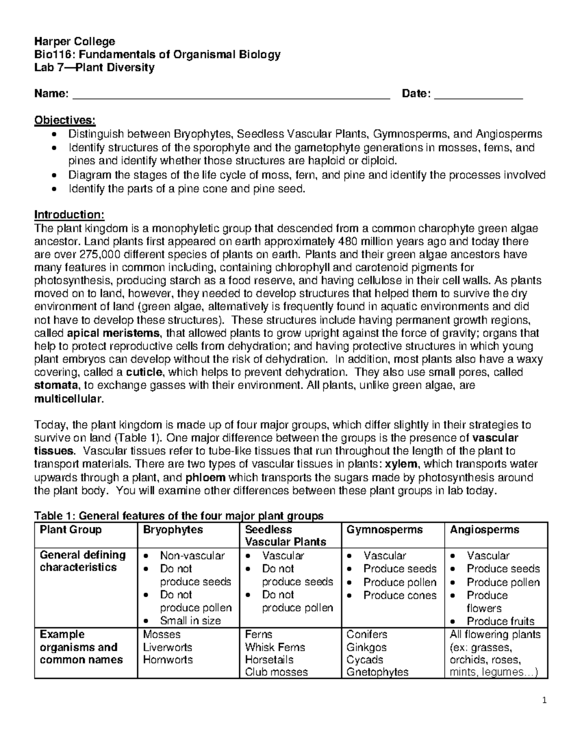 Lab 7 Plant Diversity on campus 2022 - Harper College Bio116 ...