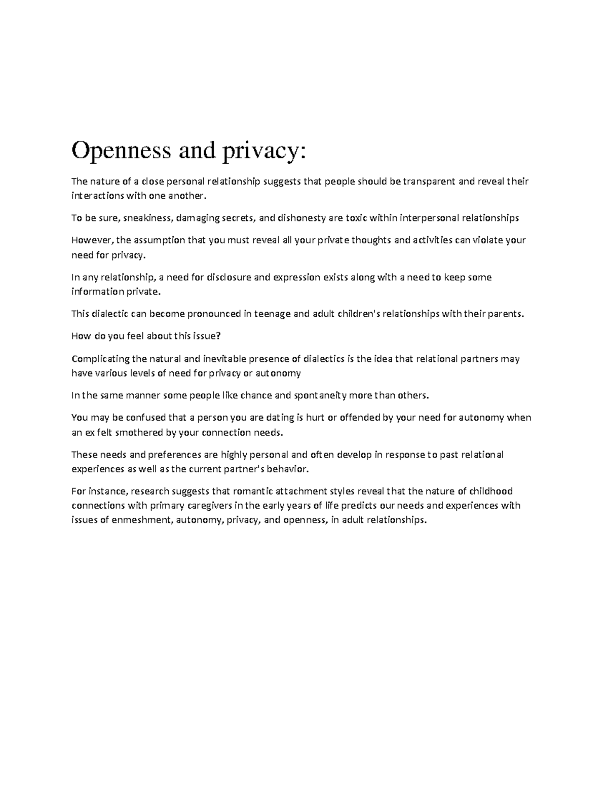 Openness and privacy - Openness and privacy: The nature of a close personal relationship ...