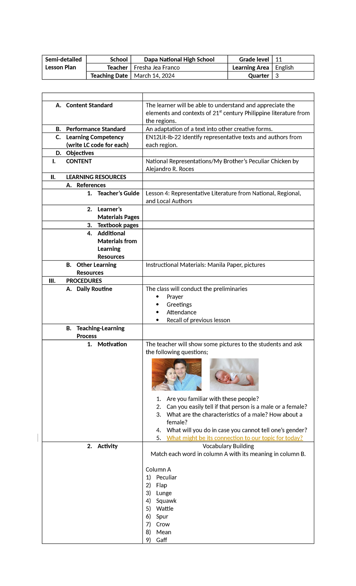 My Brother's peculiar chicken LP - Semi-detailed Lesson Plan School ...