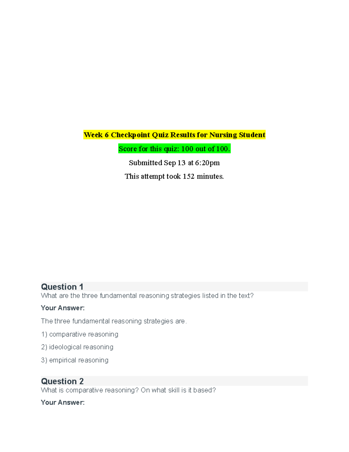 PHIL 347 Week 6 Checkpoint Quiz - Week 6 Checkpoint Quiz Results for ...