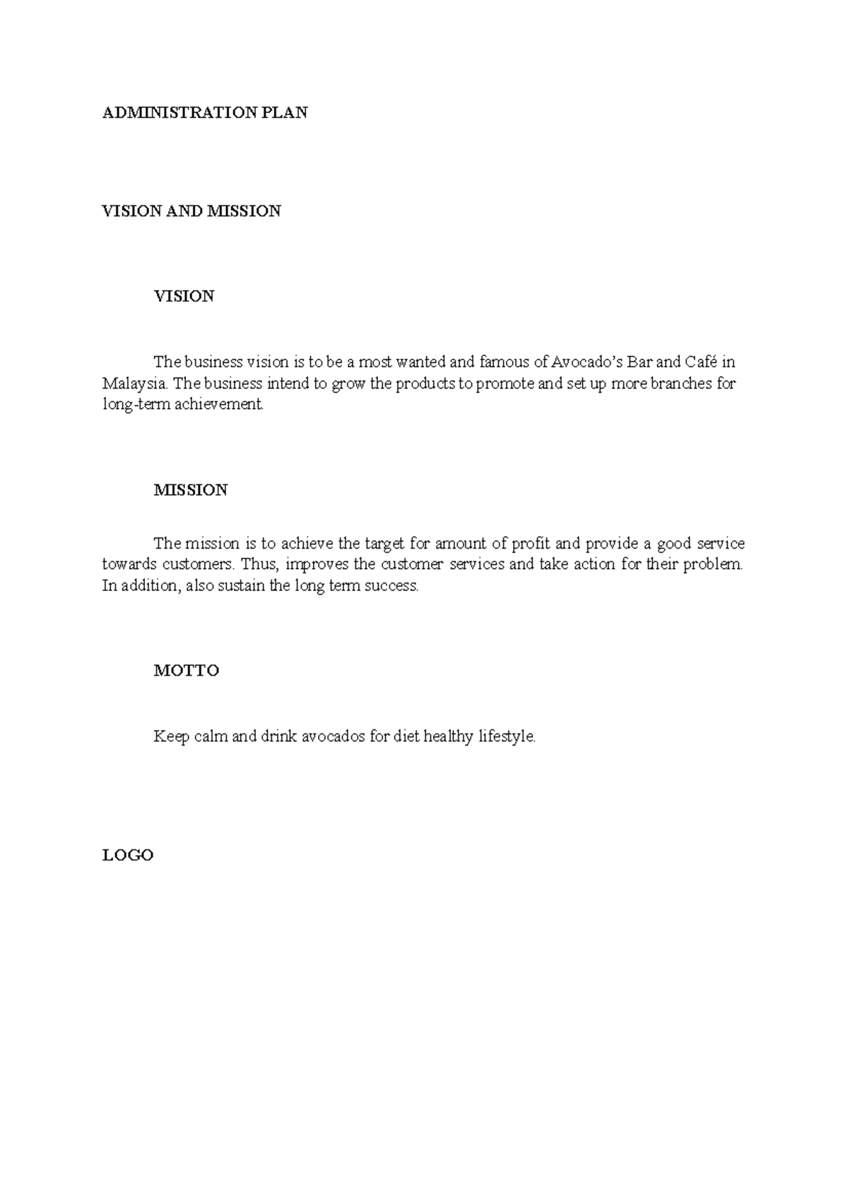 Administration PLAN - SMG251 - ADMINISTRATION PLAN VISION AND MISSION ...