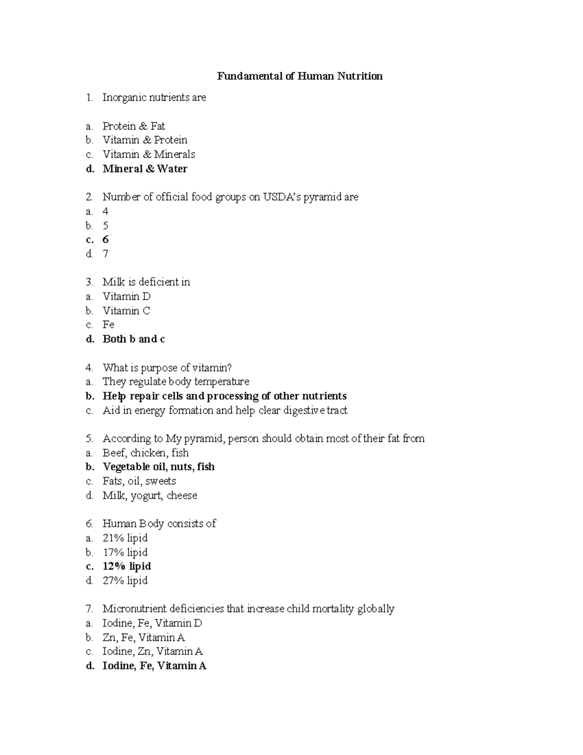 Fundamental of Human Nutrition quiz - Fundamental of Human Nutrition ...